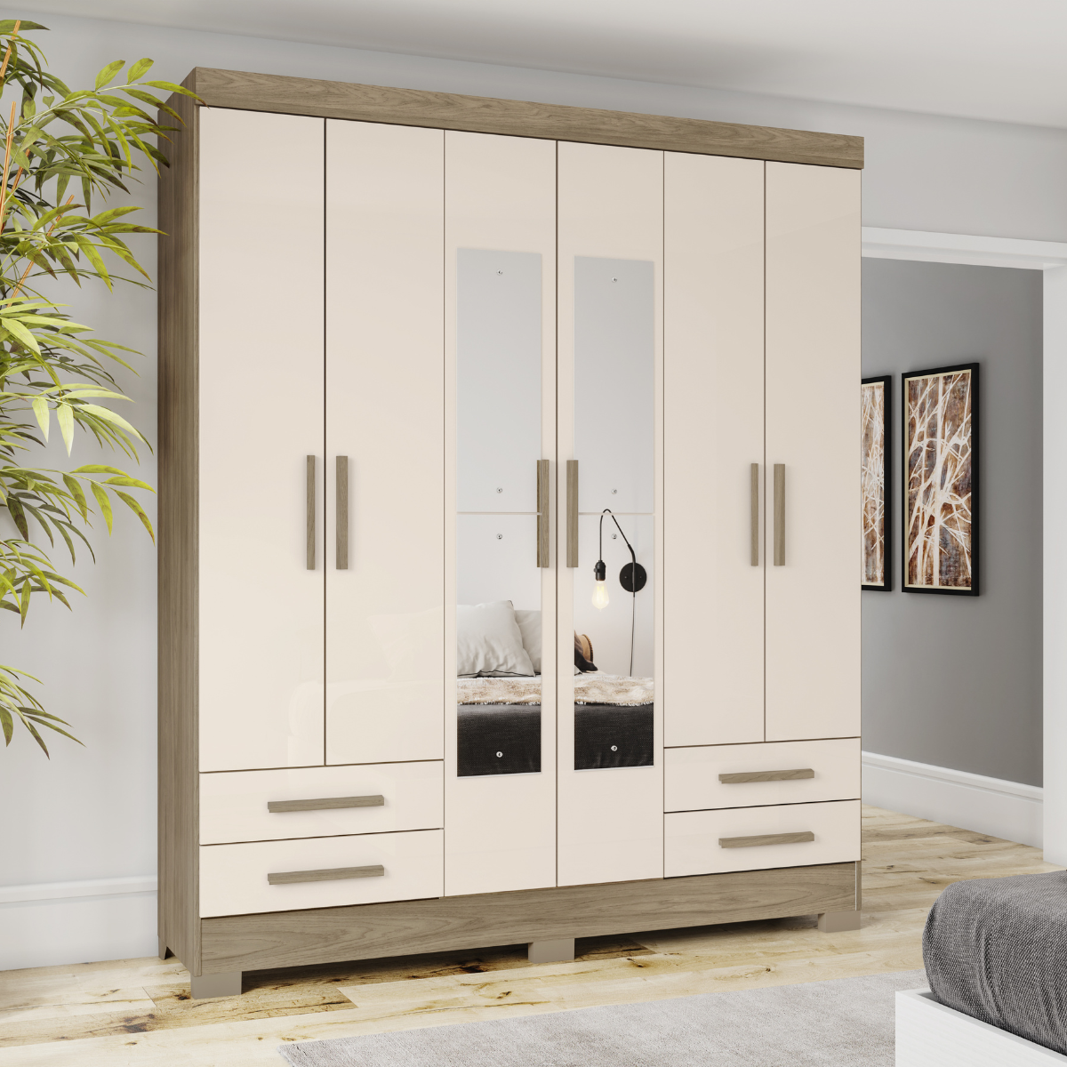 Roupeiro Briz com Espelho 6 Portas 4 Gavetas B63-106 Rústico/Off White ...