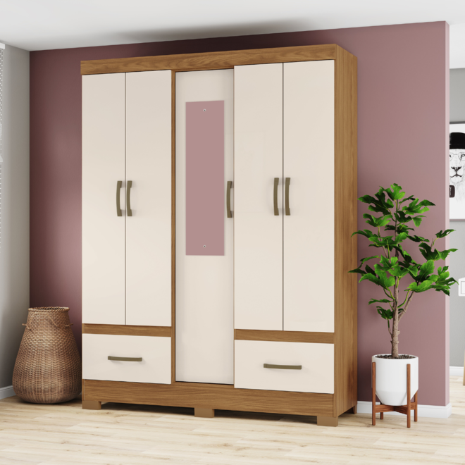 Roupeiro Briz com Espelho 5 Portas 2 Gavetas B60-127 Nature/Off White - Henn - Roupeiro Briz com ...