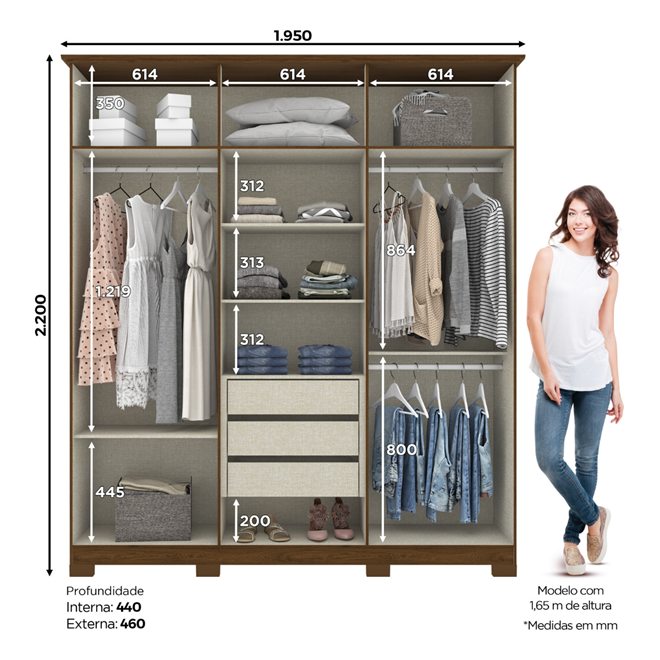 Roupeiro Cover 6 Portas 3 Gavetas D230-130 Castanho Hp - Henn ...