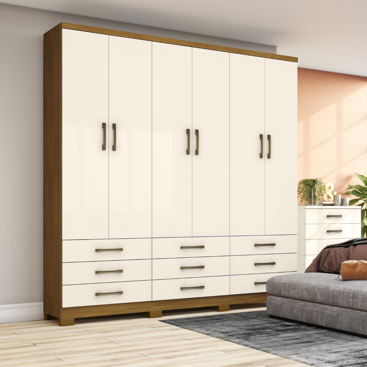 Roupeiro Lara 6 Portas 9 Gavetas Nature/Off White D150-127 - Henn - Roupeiro Lara 6 Portas 9 ...