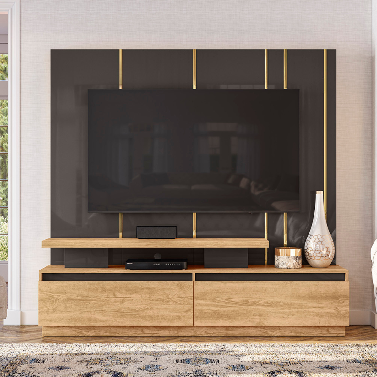 Estante Home Theater Apolo para TV até 75 Polegadas Titânio/Carvalho - Madetec - Estante Home ...