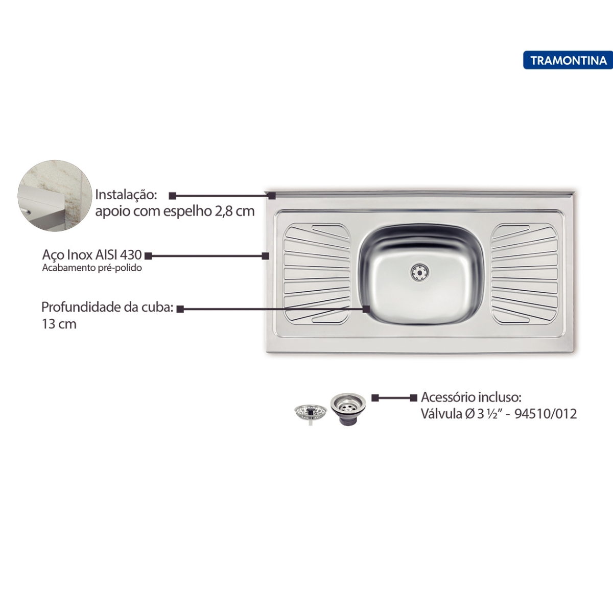 Pia de Apoio Tramontina New Raggi 40 em Aço Inox 105x52 cm - Pia de ...