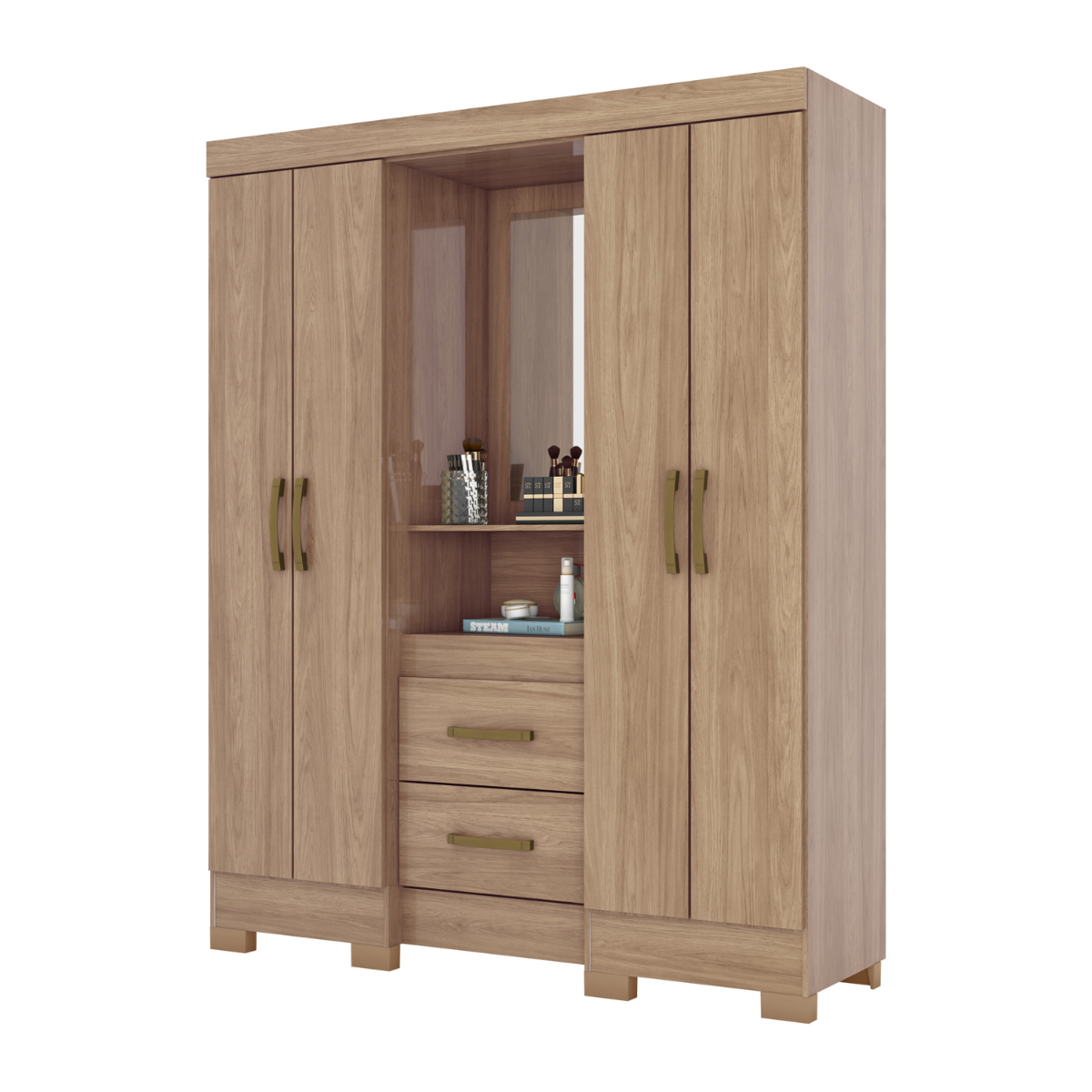 Roupeiro Briz 4 Portas 2 Gavetas Com Espelho B95-198 Jequitiba Brilho ...