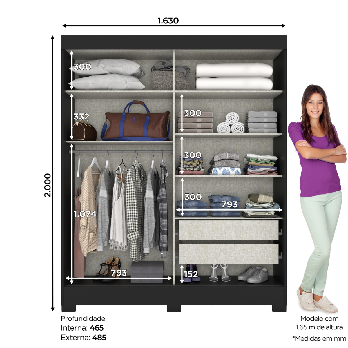Roupeiro Briz com Espelho 2 Portas Deslizantes 2 Gavetas B66-157 Preto ...