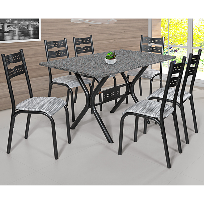 Conjunto de Mesa Luna Tampo de Granito 1,50 Com 06 Cadeiras Craqueado Preto - Ciplafe - Conjunto ...