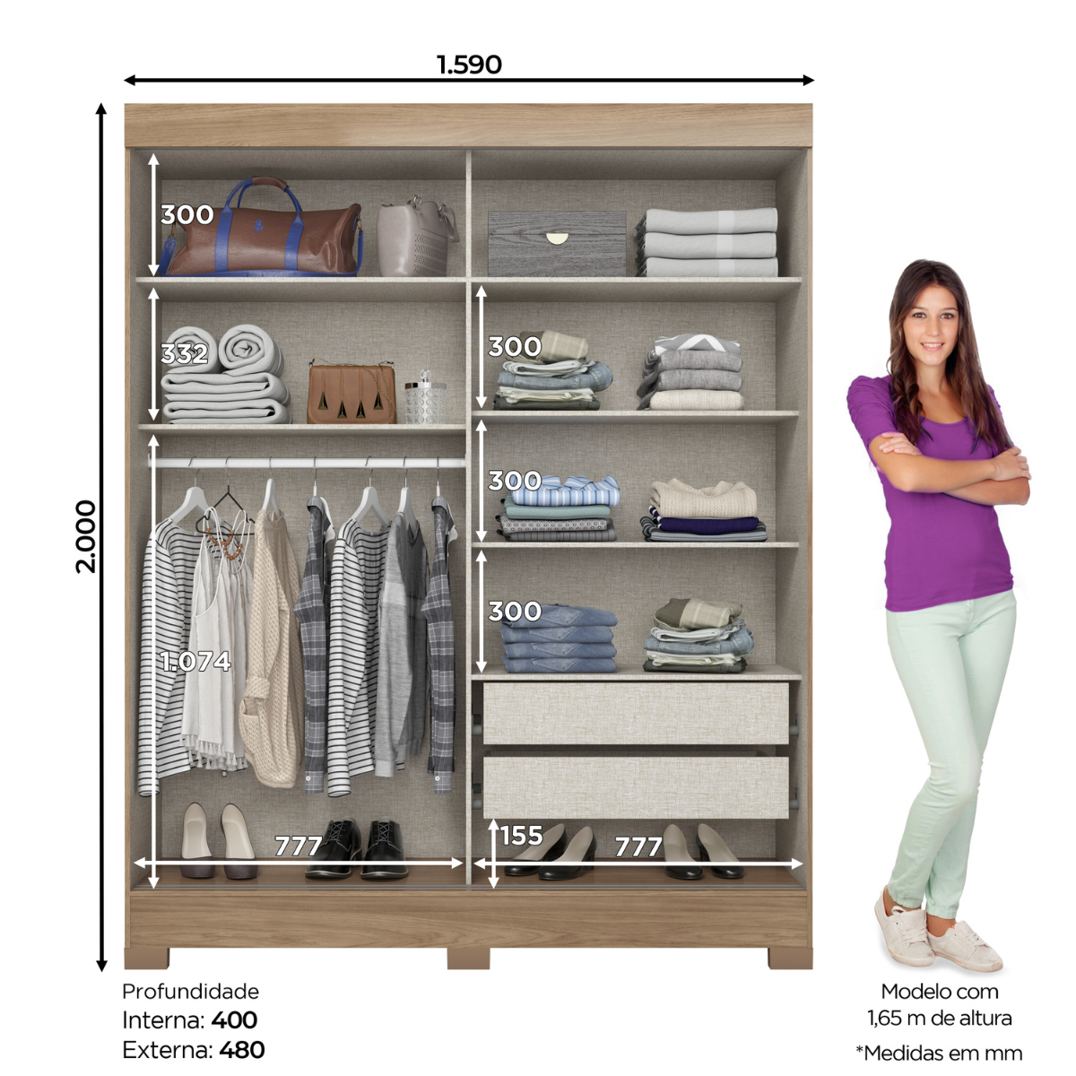 Roupeiro Briz com 2 Portas Deslizantes 2 Gavetas B353-211 Jequitiba ...