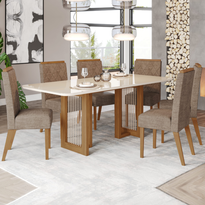 Conjunto de Mesa Yara com 06 Cadeiras Nina SE635-522 Nature/Off White/Marrom - Henn - Conjunto ...