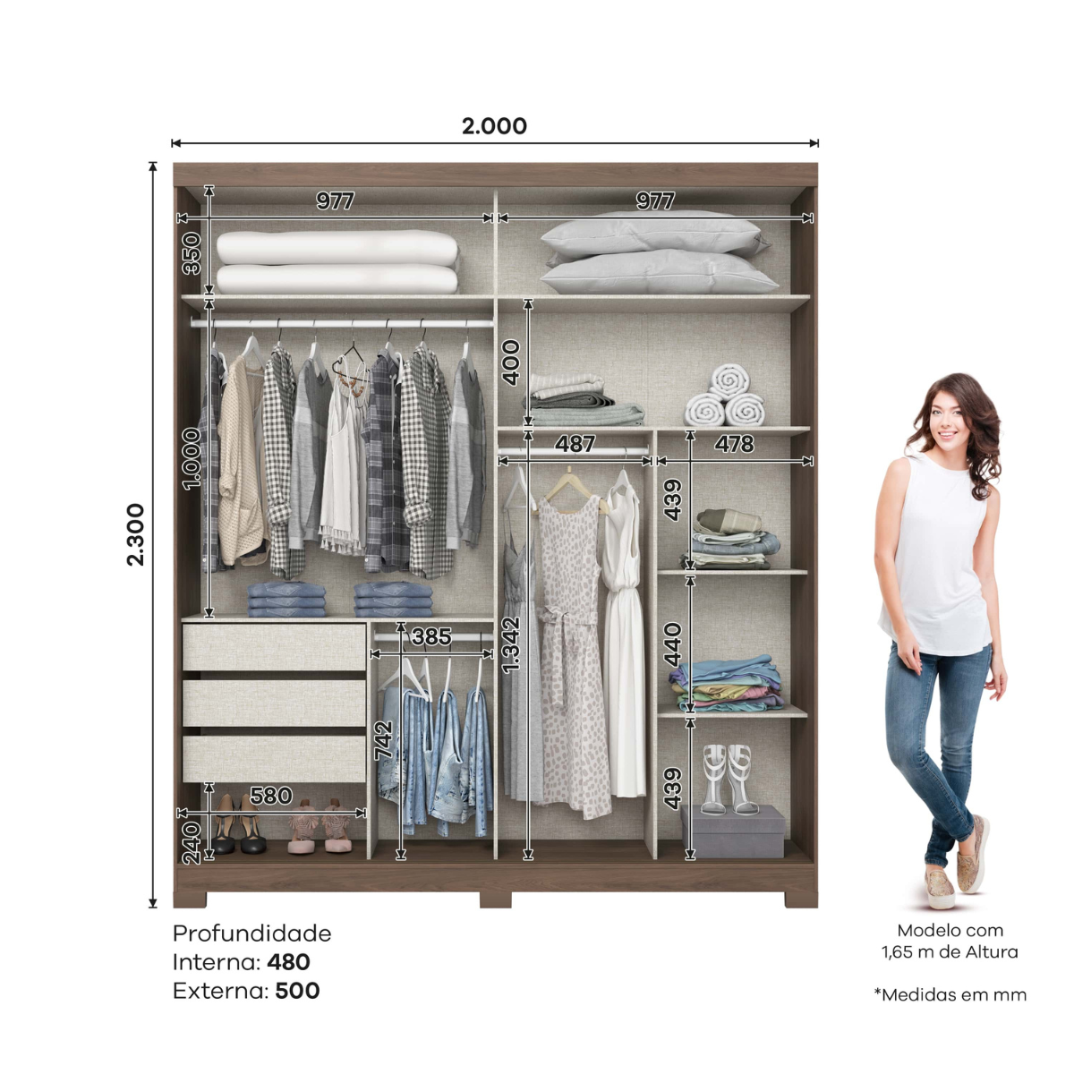 Roupeiro Verg com Espelho 2 Portas Deslizantes 3 Gavetas D239-130 ...