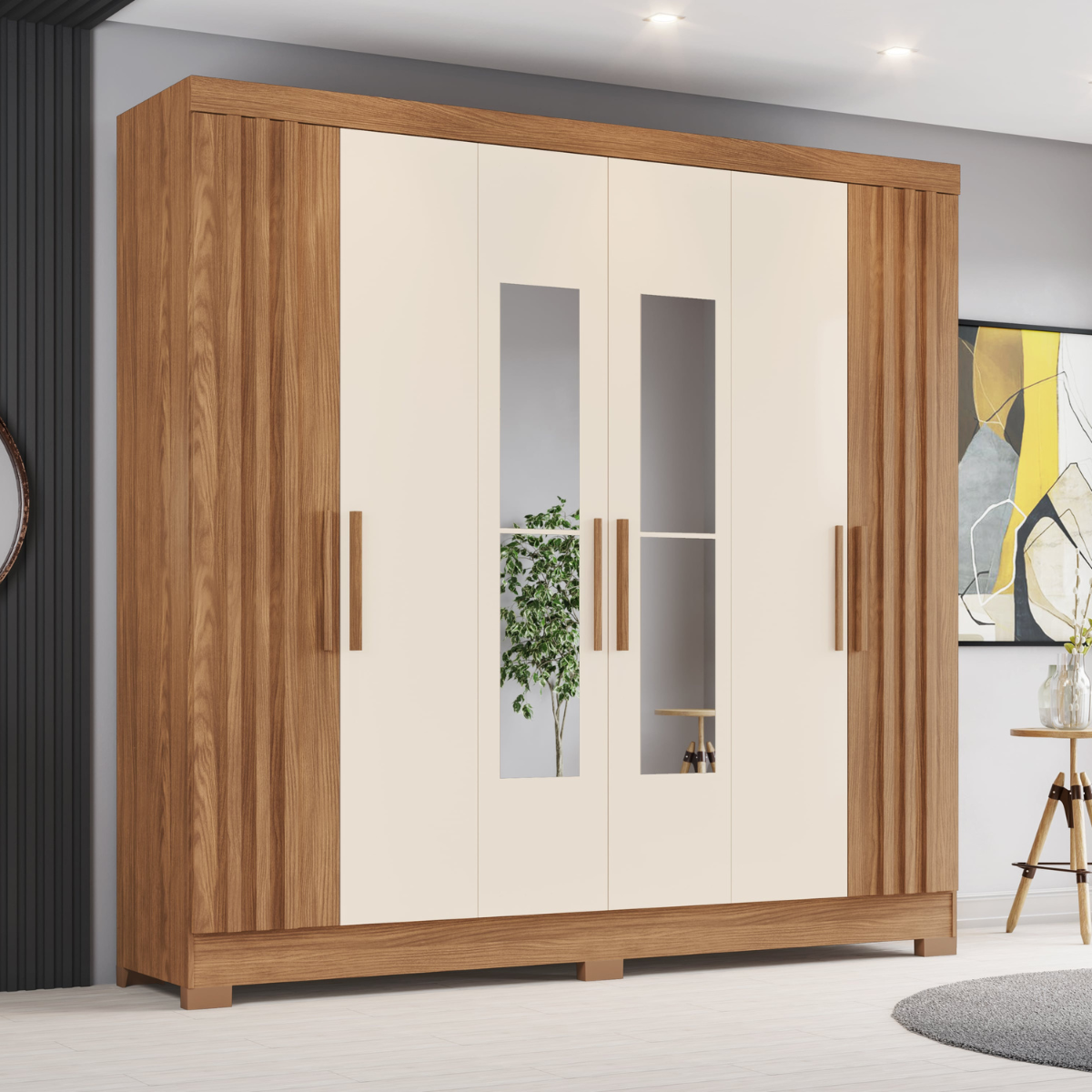 Roupeiro Briz com Espelho 6 Portas 3 Gavetas BE380-127 Nature/Off White ...