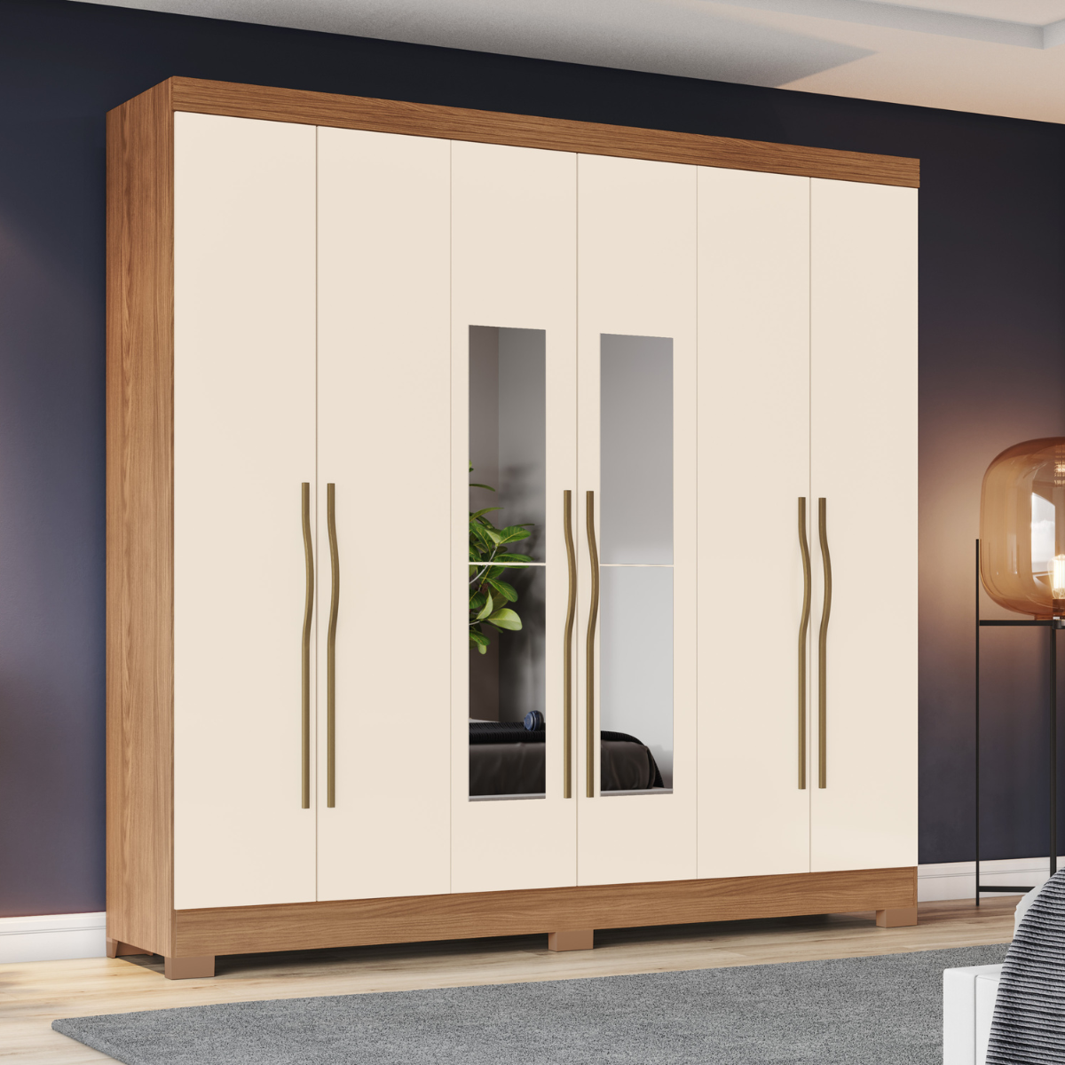Roupeiro Briz com Espelho 6 Portas 2 Gavetas BE381-127 Nature/Off White - Henn - Roupeiro Briz ...