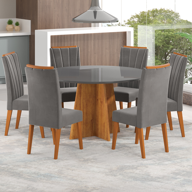 Conjunto de Mesa Nicole com 06 Cadeiras Safira Mel/Grafite/Veludo - Viero - Conjunto de Mesa ...
