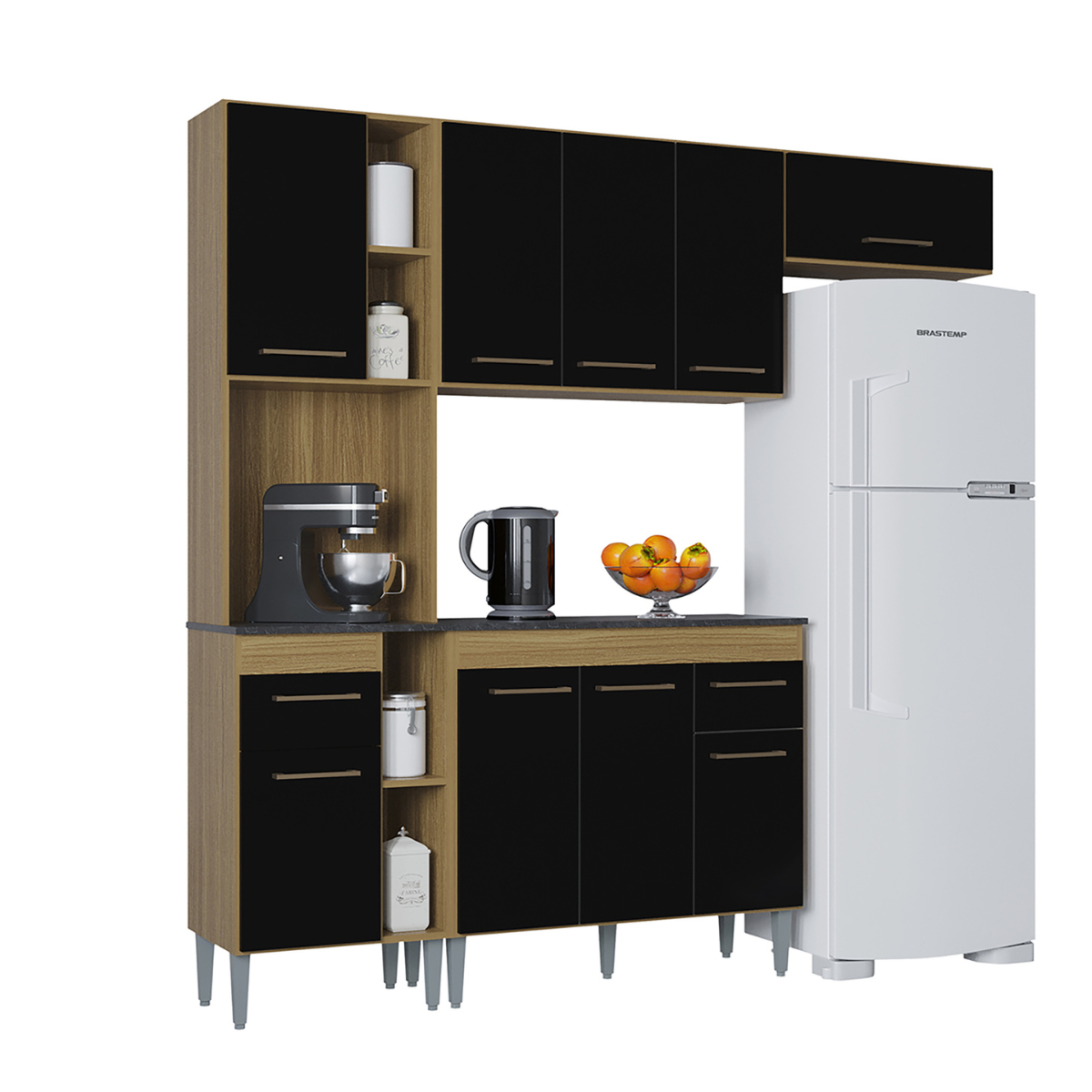 Cozinha Vitória Compacta com 09 Portas 02 Gavetas 500.42 Damasco/Preto - Poquema - Cozinha ...